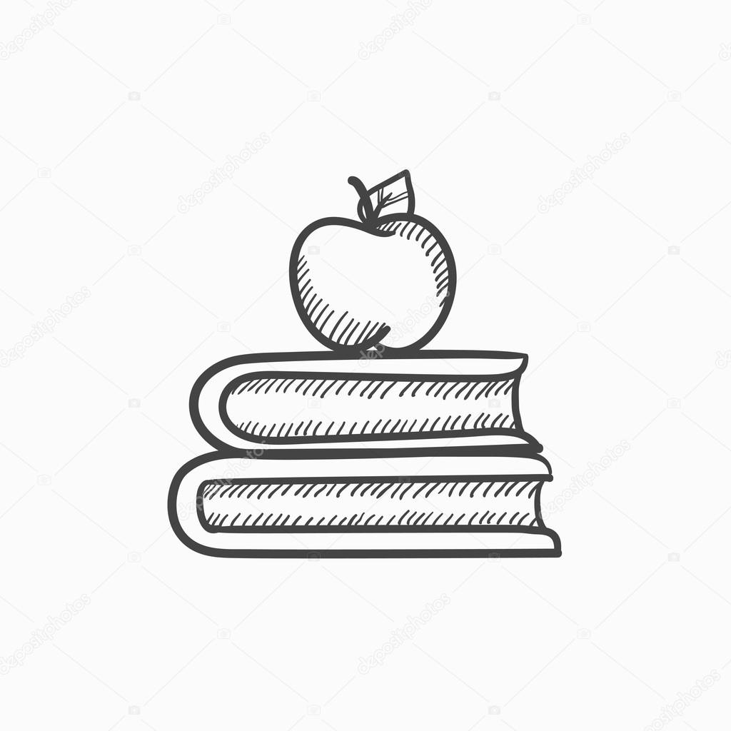Libros y manzana en el icono del boceto superior. 2024