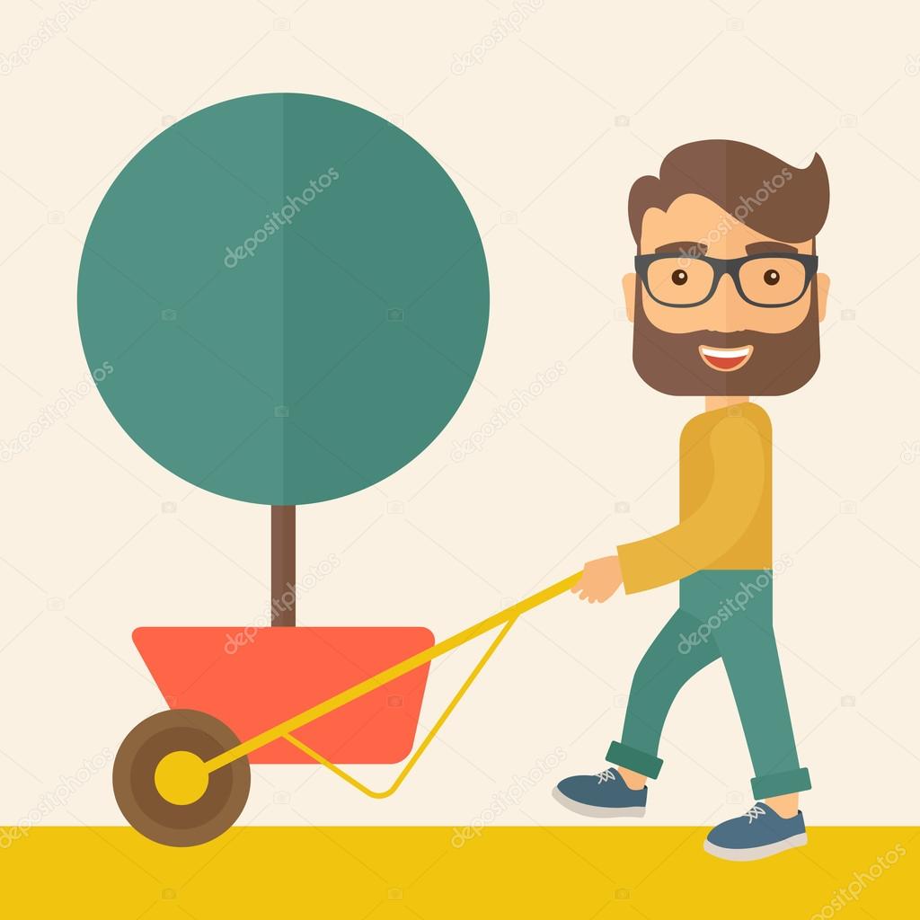 Young man pushing the cart with tree. Stock Vector Image by ...