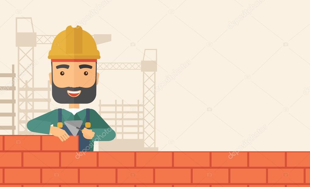 Constructor hombre está construyendo una pared de ladrillo. 2024