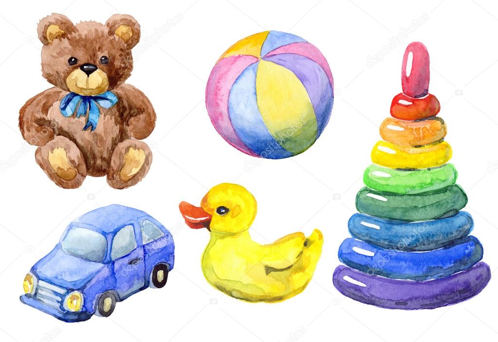Hand drawn watercolor set of toys Stock Illustration by ©Ziablik #103383802