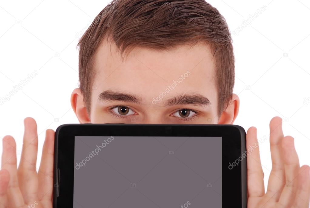 Boy closes the half face tablet pc Stock Photo by ©akova777 114680200