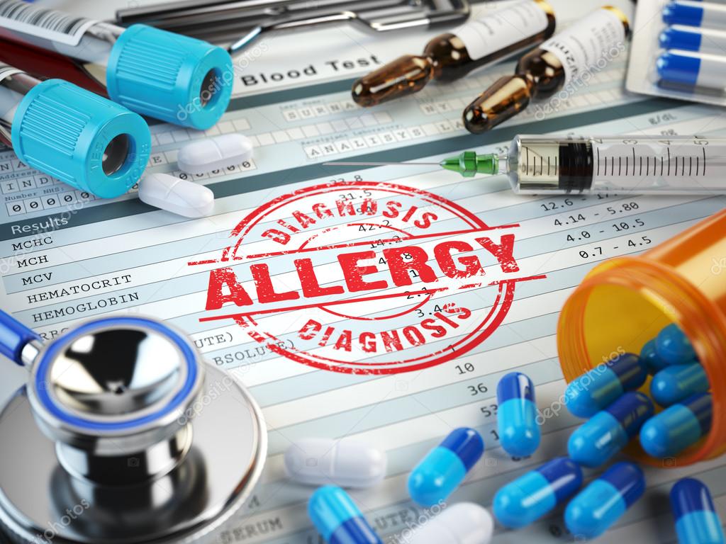 Allergy diagnosis. Stamp, stethoscope, syringe, blood test and p ...