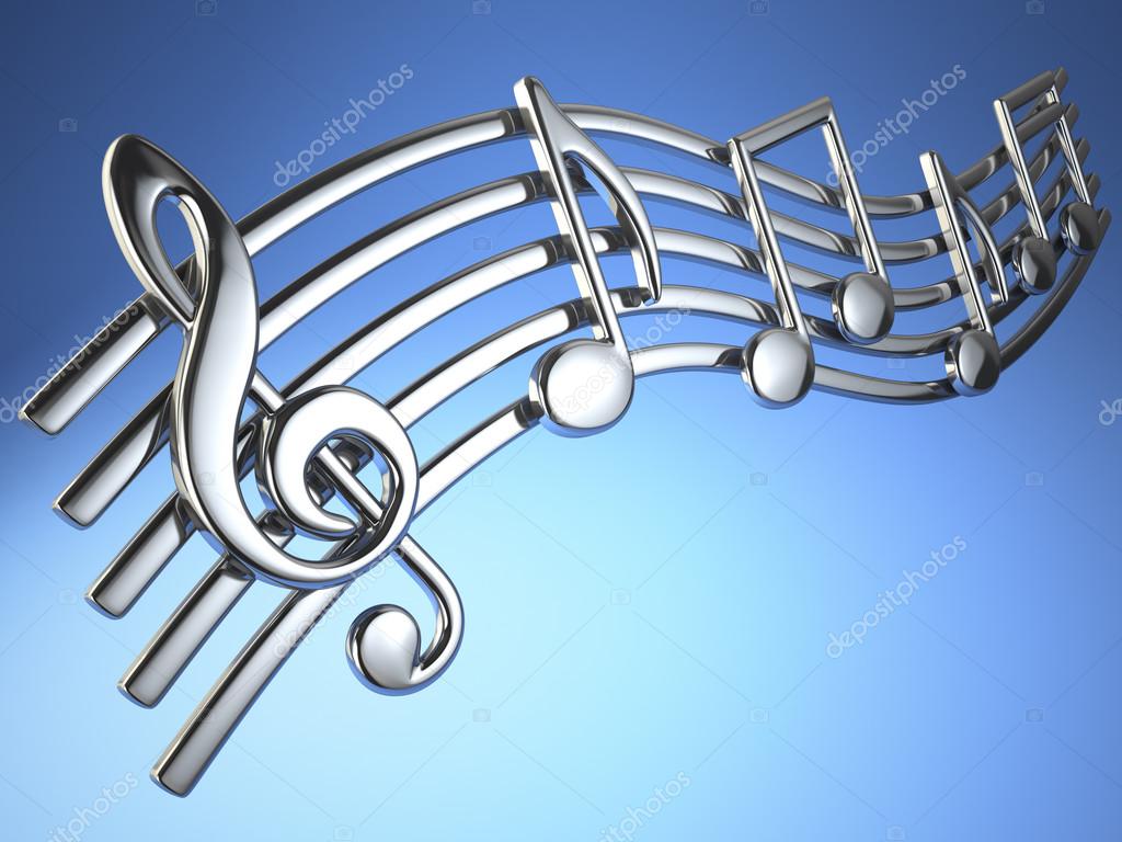 Notas de música de plata y clave de agudos en cuerdas musicales en ba ...