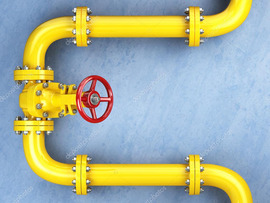 Yellow gas pipeline valve on a blue wall. Space for text. — Stock Photo ...