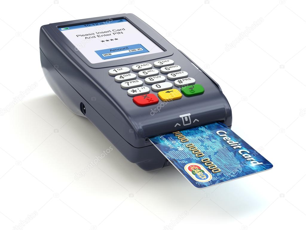 POS terminal with credit card isolated on white. Paying. – Stock ...