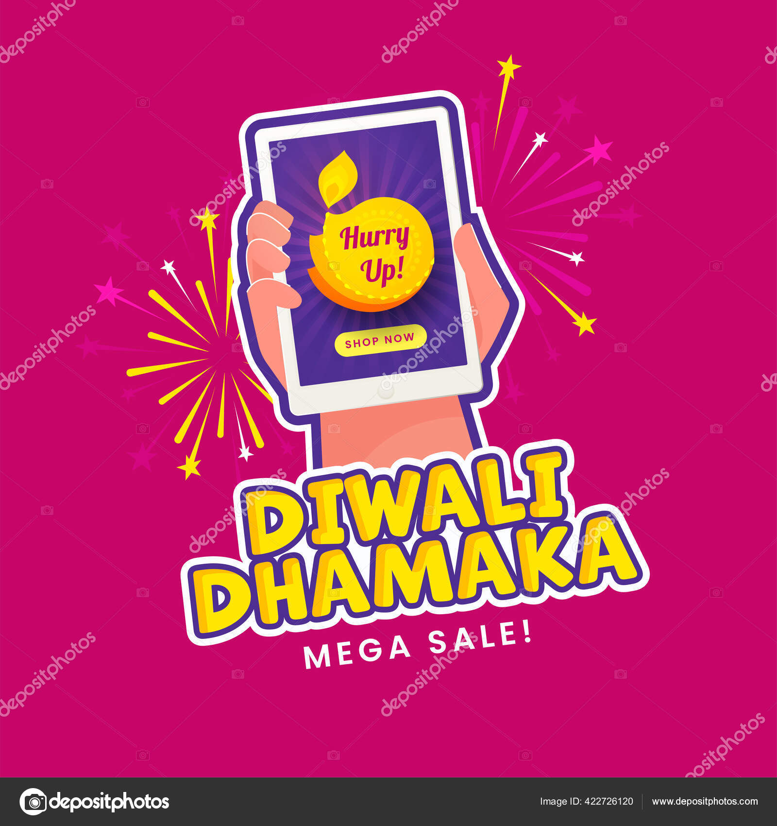Diwali Dhamaka Mega Sale Poster Design Sticker Style Hand Holding Stock ...