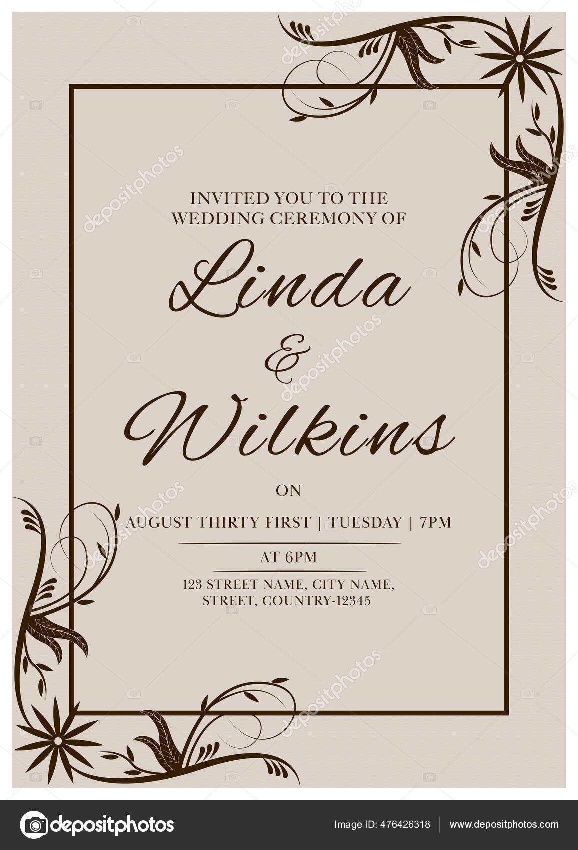 Elegant Wedding Invitation Card Design Venue Details Brown Color Stock ...
