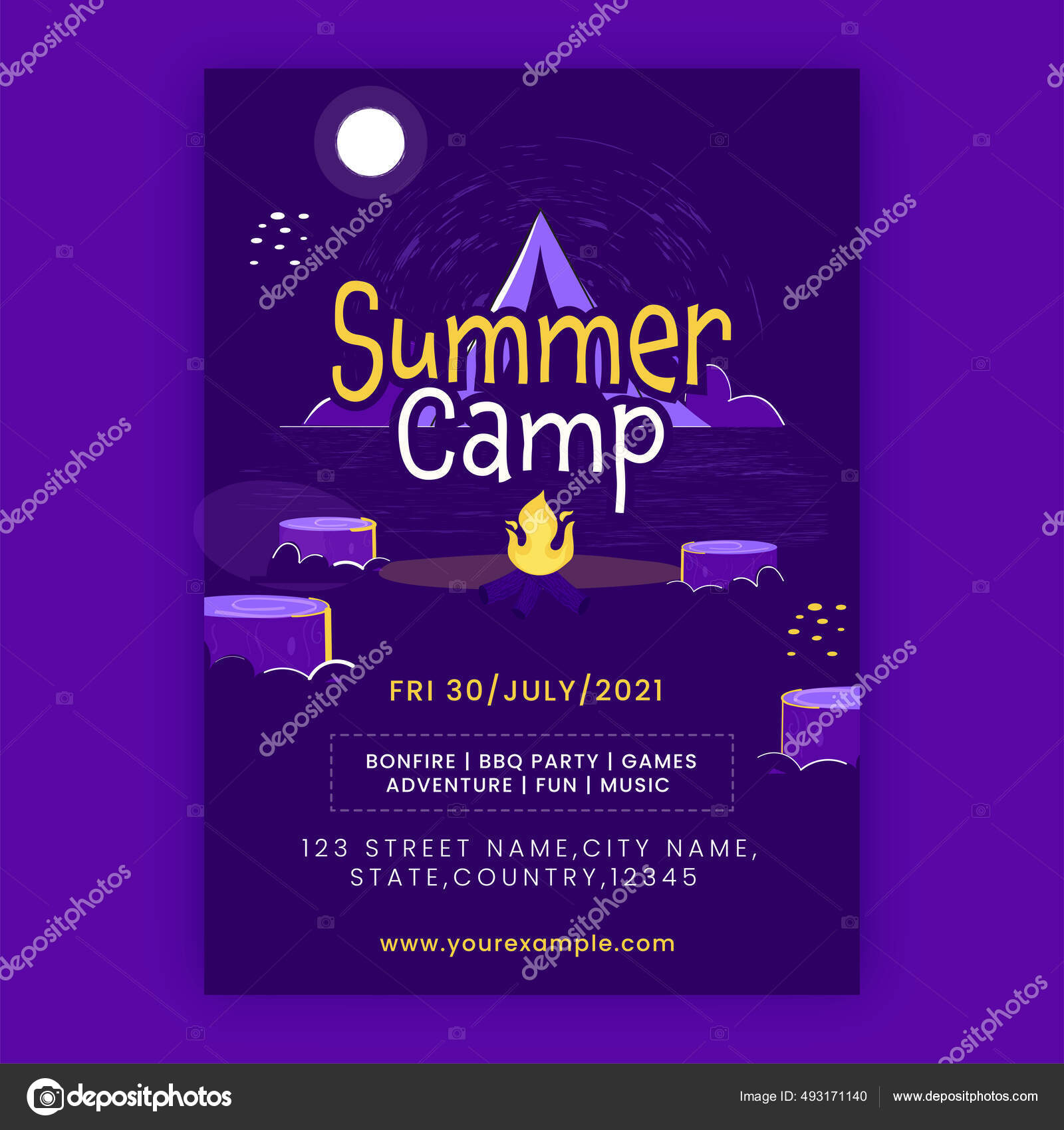 Summer Camp Invitation Poster Design Venue Details Purple Color Stock ...