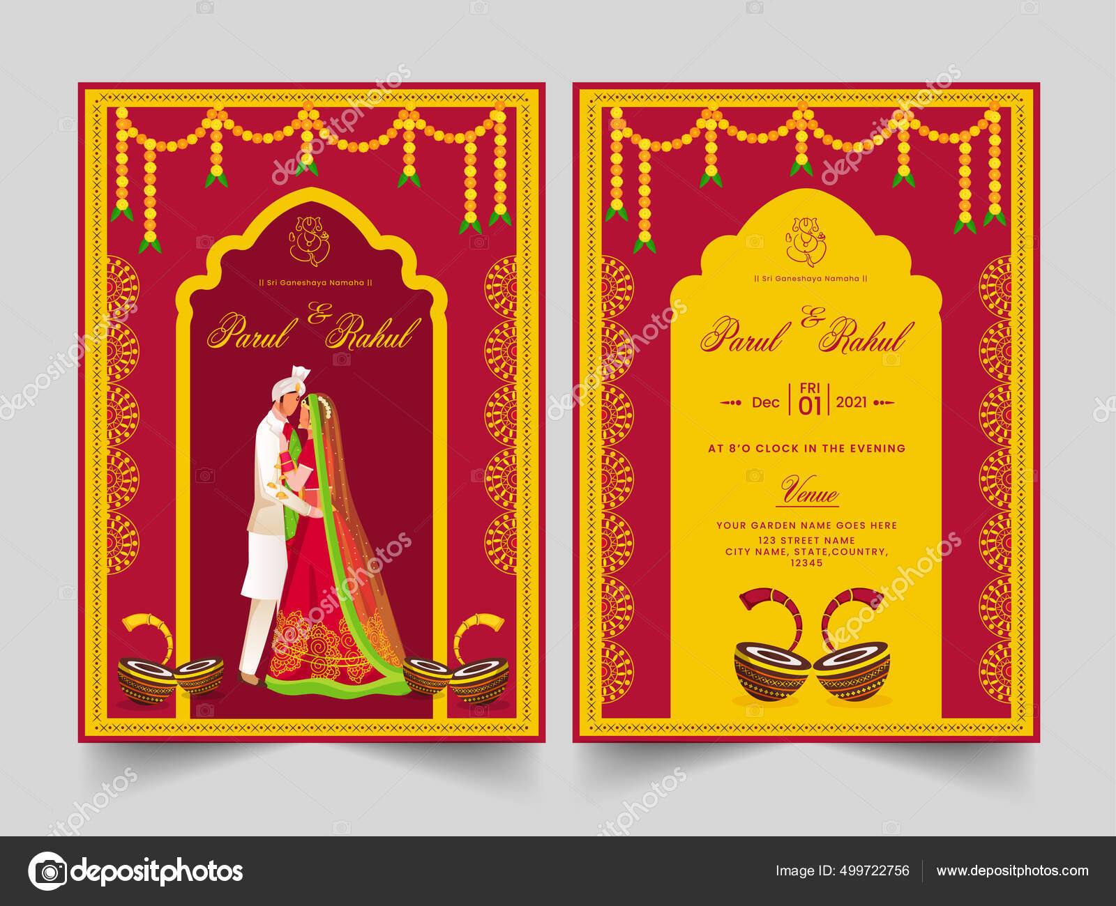 Indian Wedding Invitation Card Event Details Red Yellow Color Stock ...