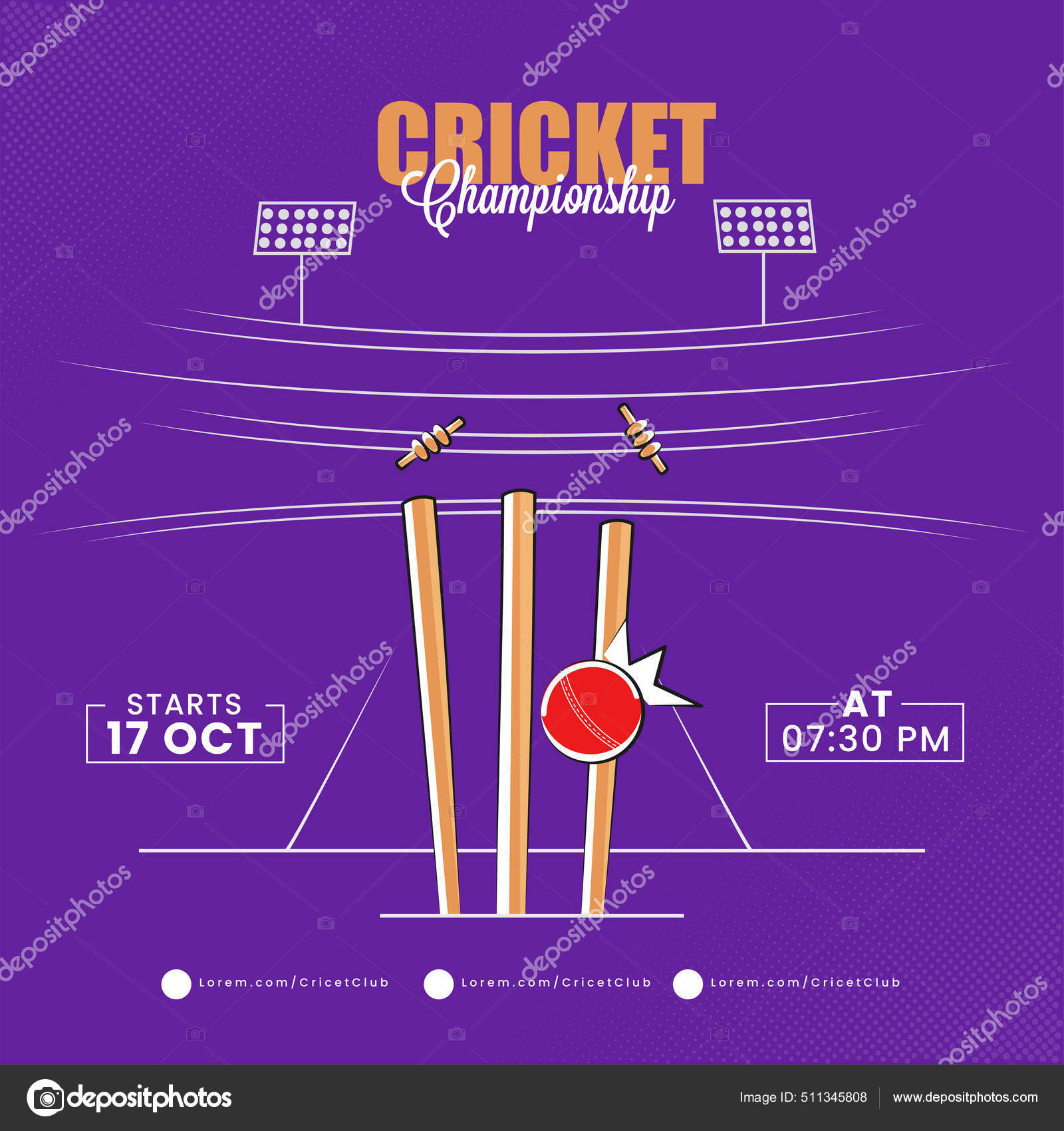 Cricket Championship Concept Ball Hitting Wicket Stumps Purple Stadium ...
