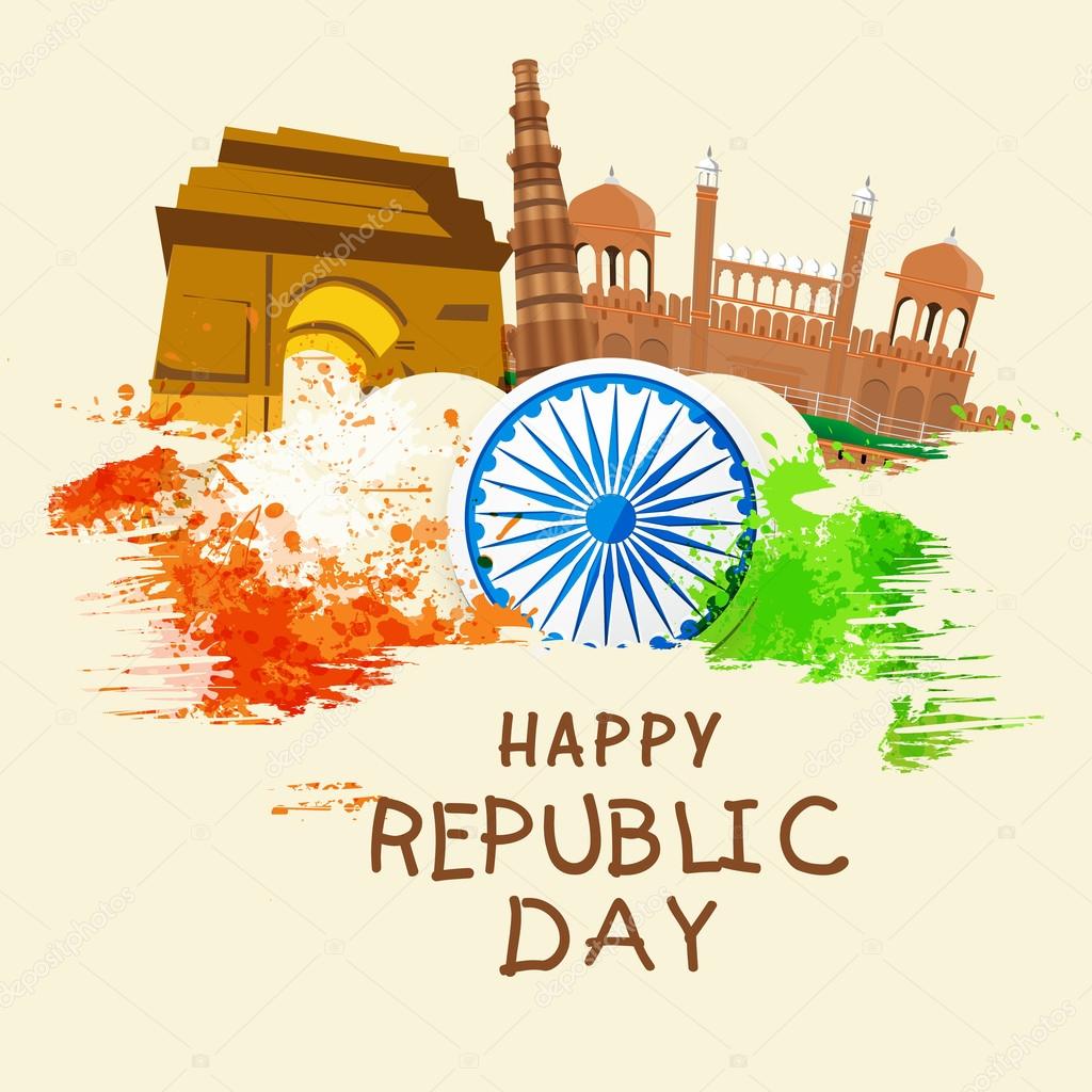 Indian Republic Day celebration with famous monuments and Ashoka Wheel ...