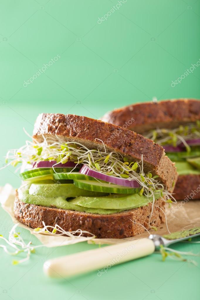 Healthy avocado sandwich with cucumber alfalfa sprouts onion — Stock ...