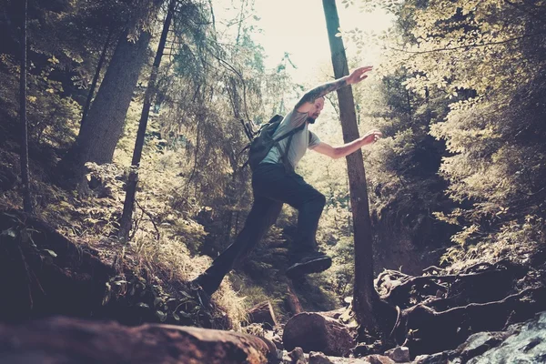 Man hiker jumping across stream in mountain forest - Stock Image ...