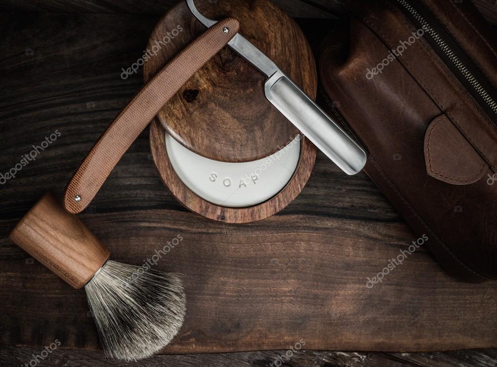 Shaving accessories on a luxury wooden background Stock Photo by ...