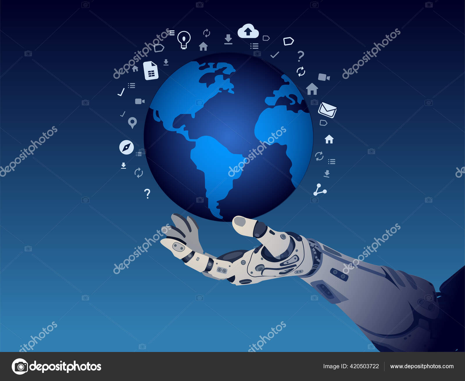 Cyborg hand with planet in dark blue background Stock Vector Image by ...