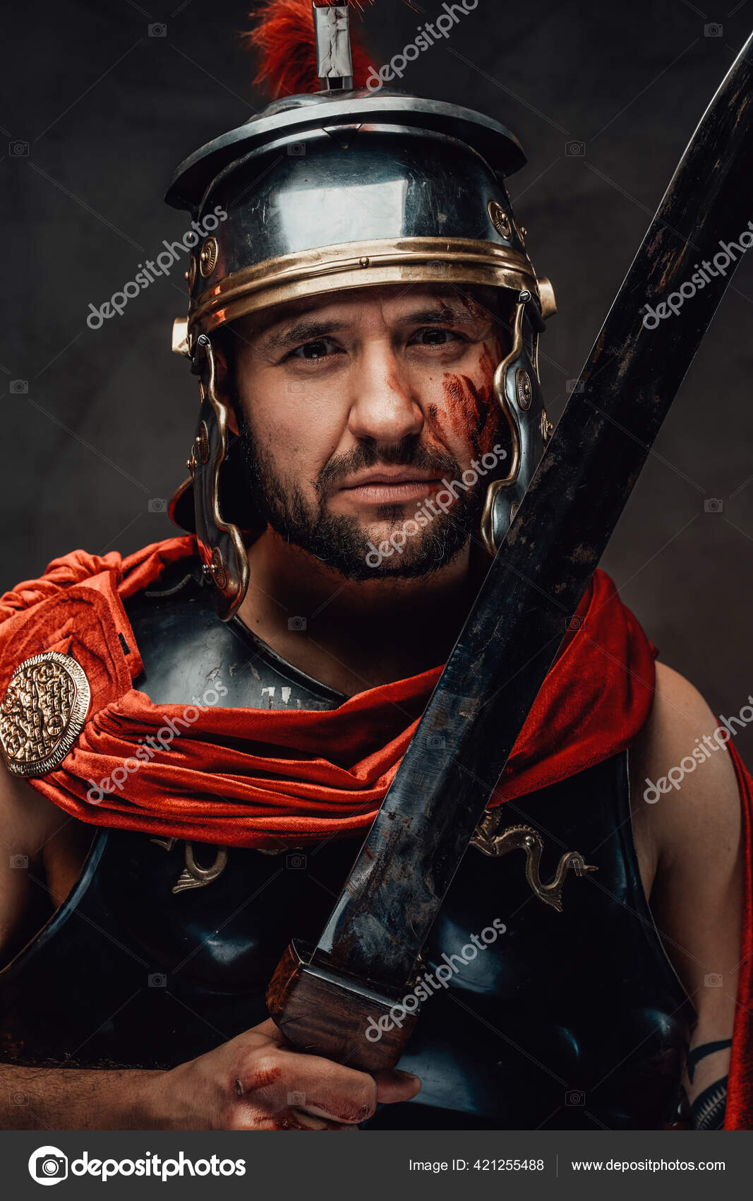 Warlike roman with dark armour and sword in dark background Stock Photo ...