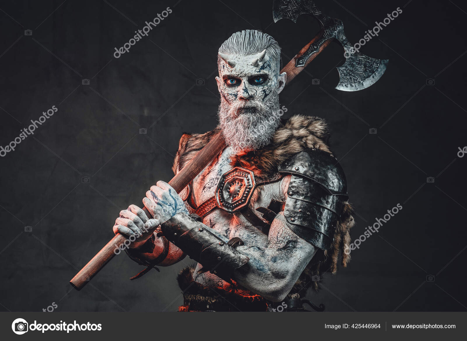 Dead king with hatchet on his shoulder in dark background — Stock Photo ...