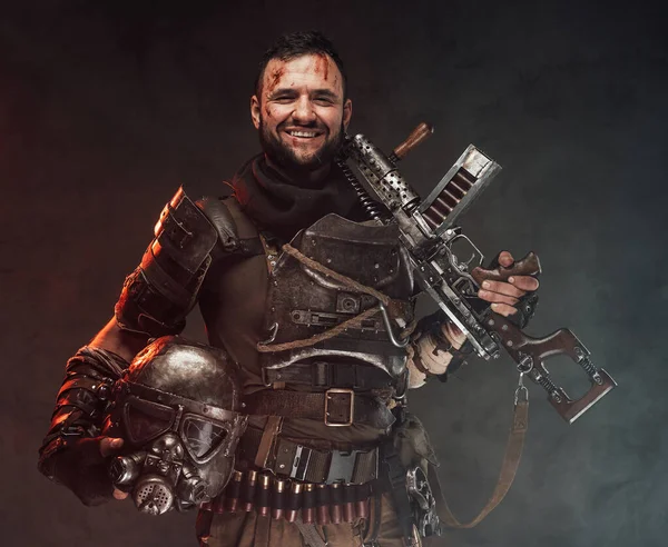 Staring at camera damaged stalker with shotgun in dark background Stock ...