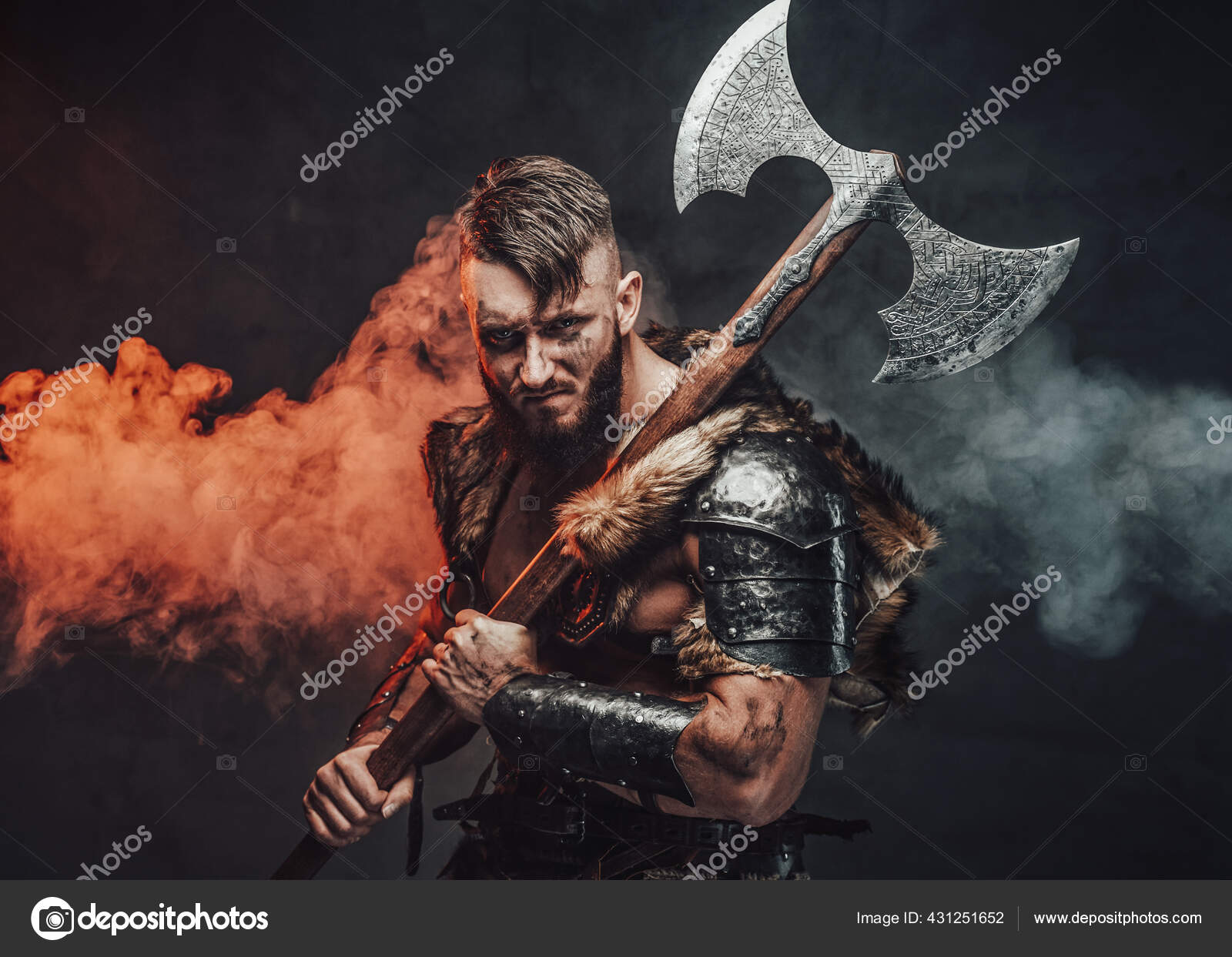 Medieval scandinavian barbarian with huge axe in foggy background Stock ...