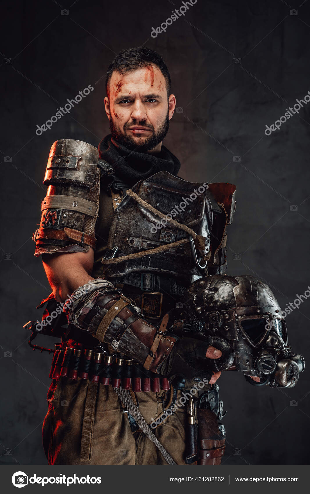 Apocalyptic survivor posing with helmet in dark background ⬇ Stock ...