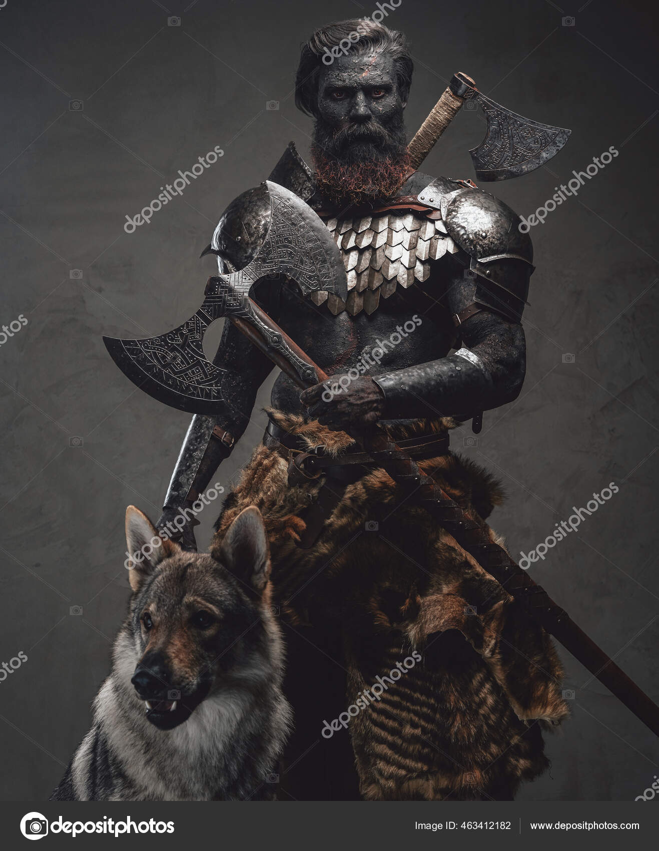 Demonic warrior with his wolf standing together in dark background ...