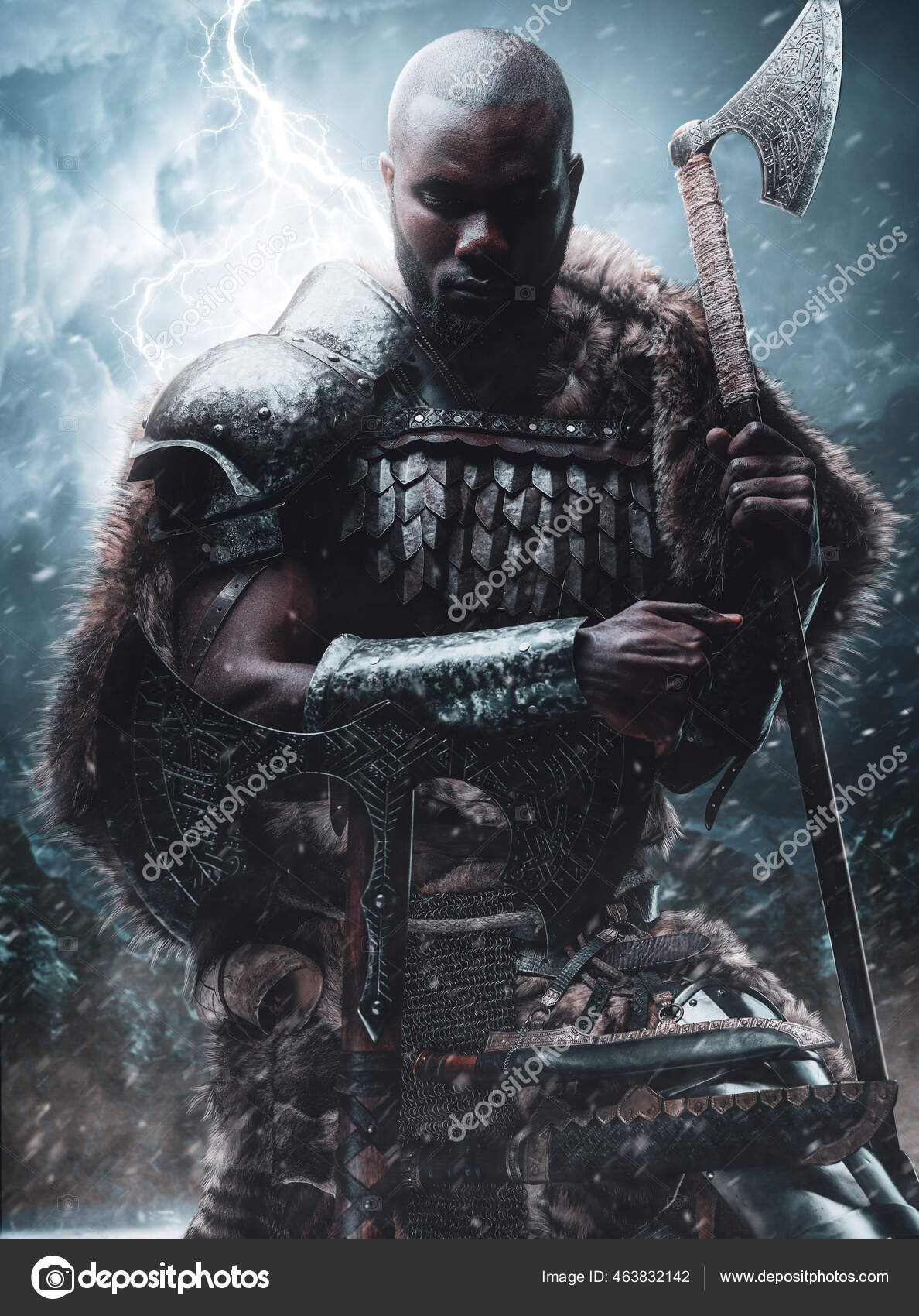 Violent african murderer with axe in northern mountains in snowstorm ...