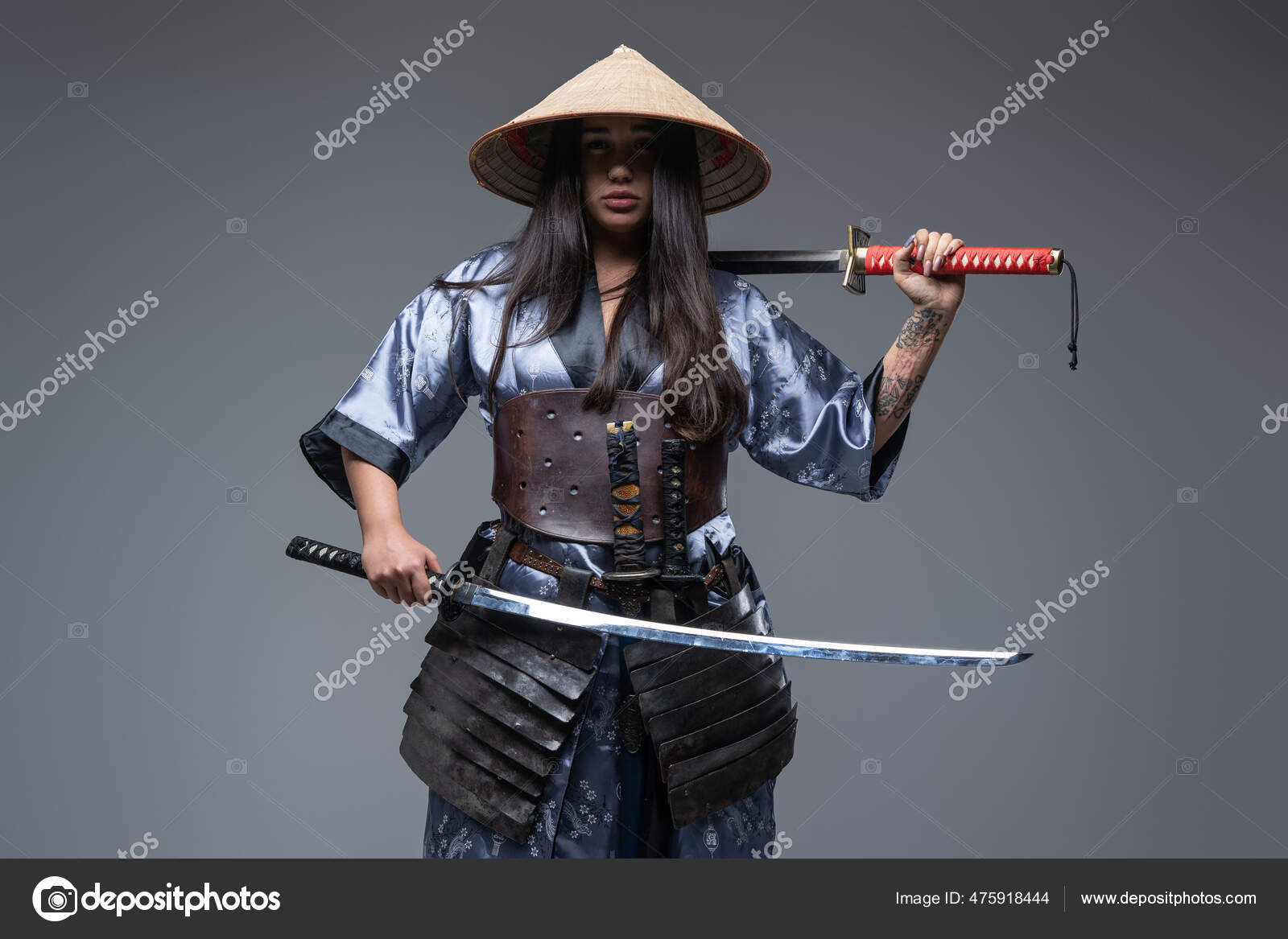 Woman samurai dressed in armored kimono with katana Stock Photo by ...