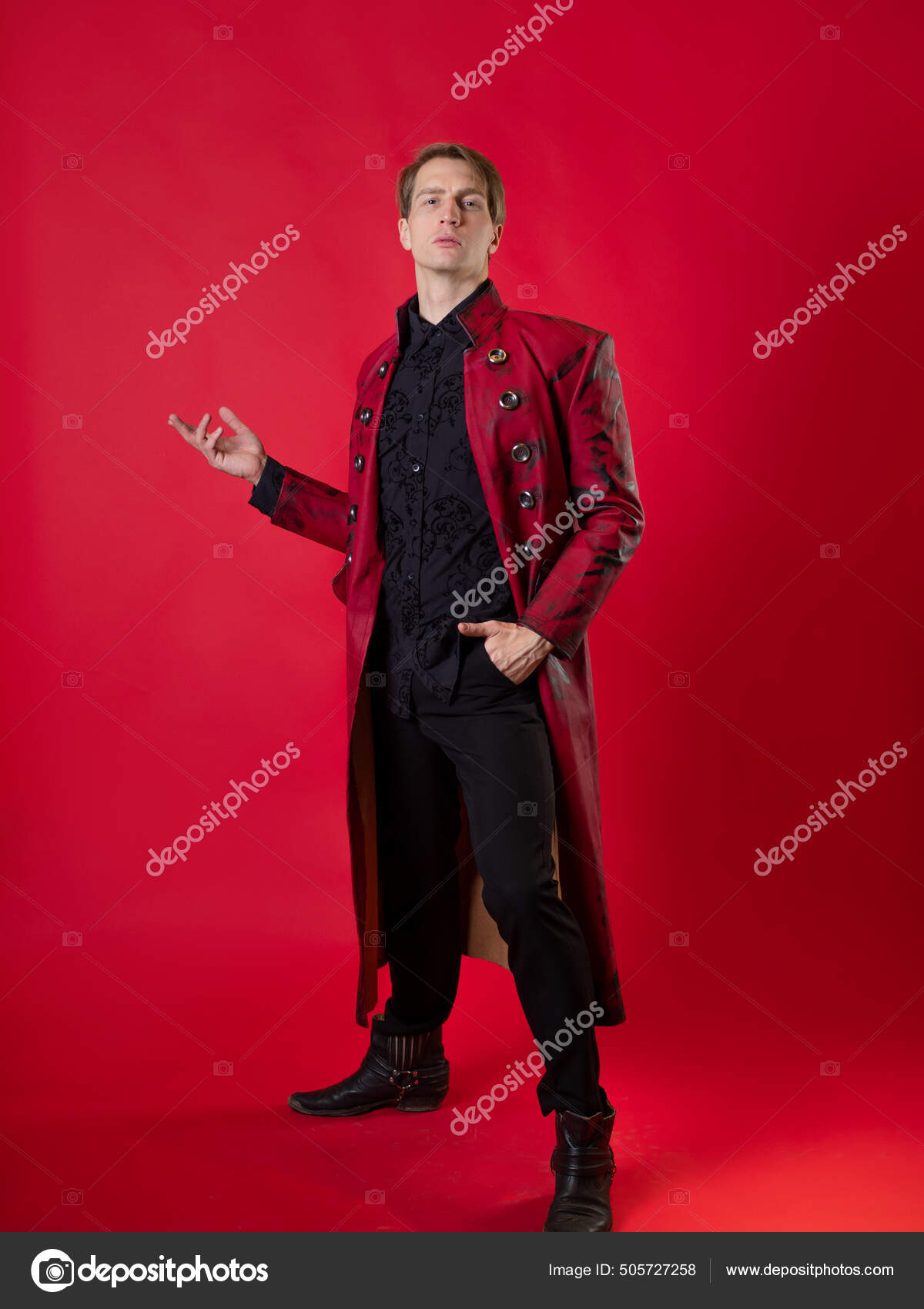 An outrageous young man in a daring red coat in a vintage noir style ...