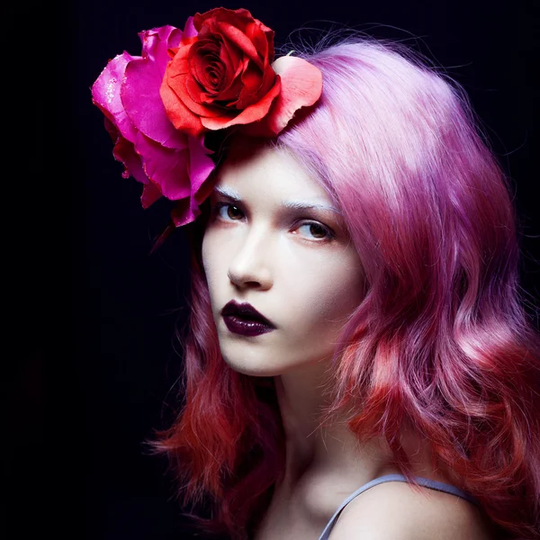 Beautiful Girl With Pink Hair Large Rose Flower In Her Hair Stock