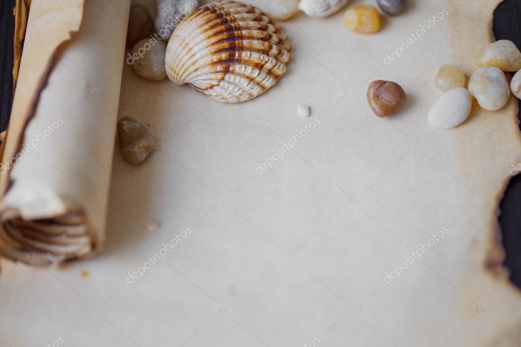 Old scroll of parchment with sea pebbles and seashells, nautical theme ...