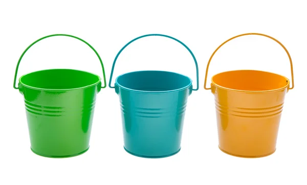 Three Metal Buckets Colored Red Yellow Purple Standing Row Solid Stock ...
