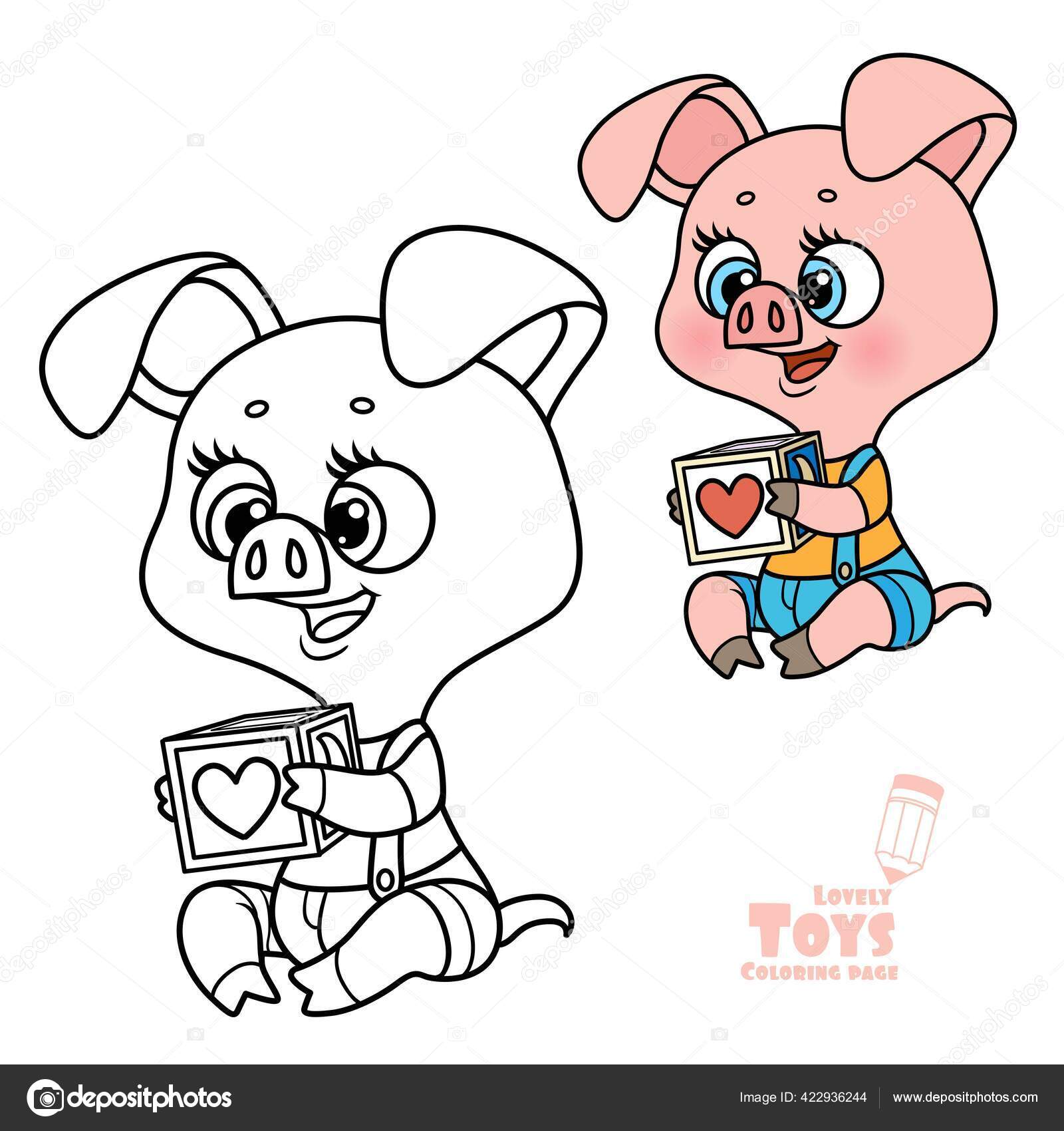 Cute Cartoon Soft Toy Pig Holding Toy Cube Hooves Outlined Stock Vector ...