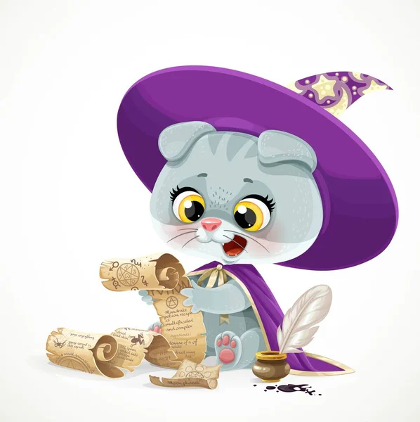 Cute Cartoon Baby Cat Wizard's Hat Hold Textbook Magic Wand Stock ...