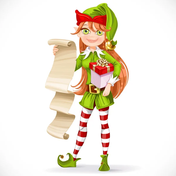 Cute girl Santa elf sit on floor hold gift isolated on a white Stock ...
