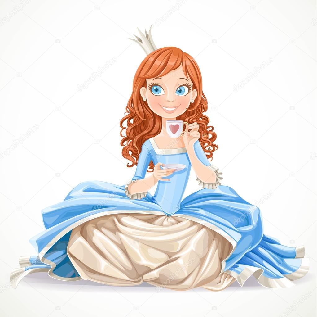 Beautiful princess in a blue dress sitting on the floor and holding a ...