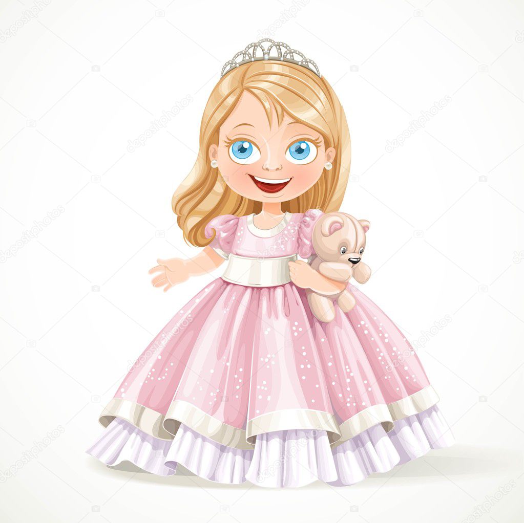 Cute little princess in a magnificent pink dress with teddy bear Stock ...