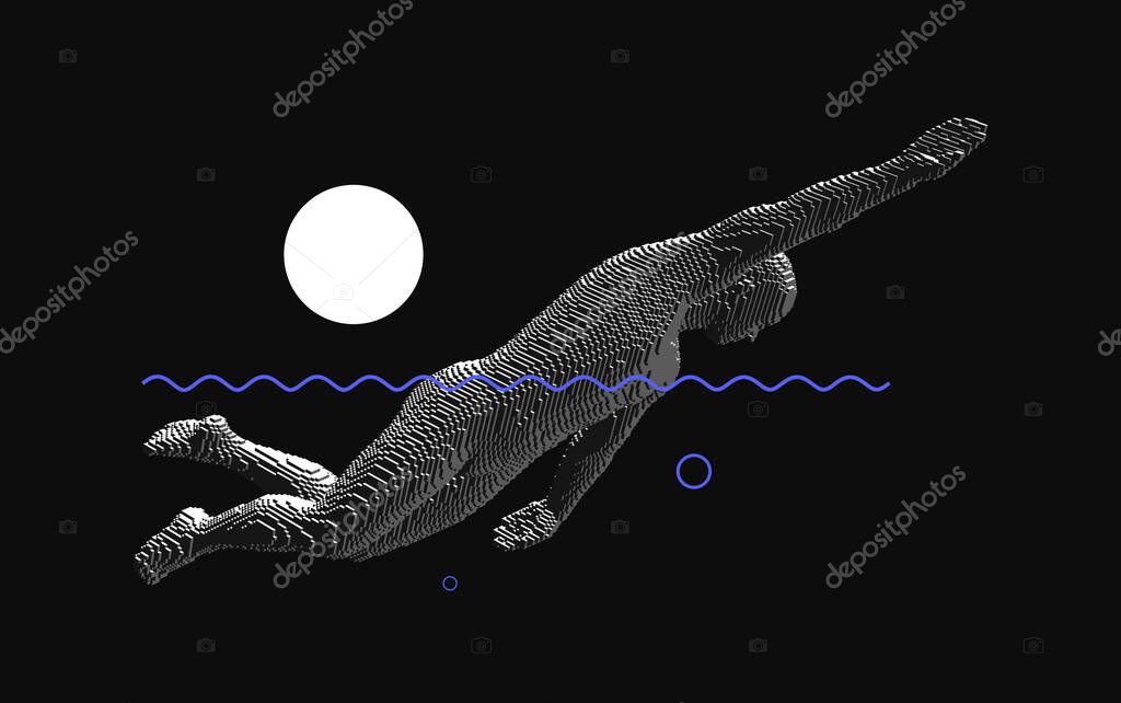 Nadador nadando gatear estilo libre en ola de mar. Hombre triatleta haciendo ejercicio de ...