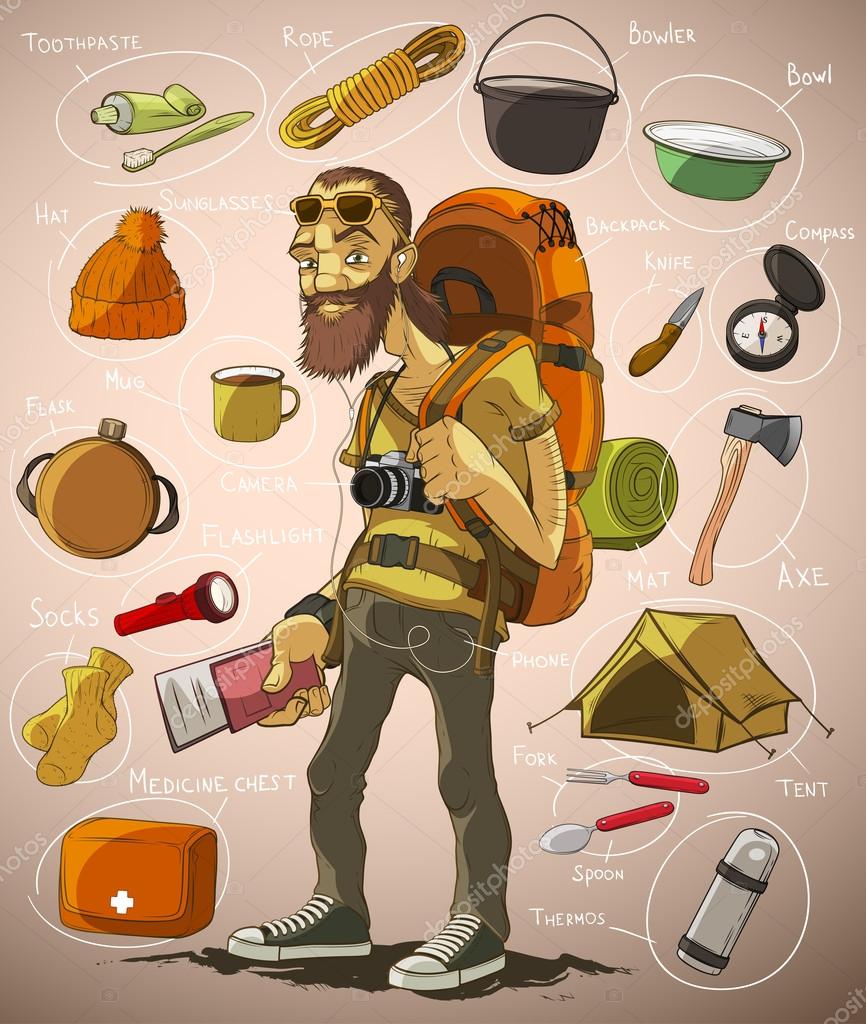 Traveler and a set of things for travel — Stock Vector © YuanDen #63442251