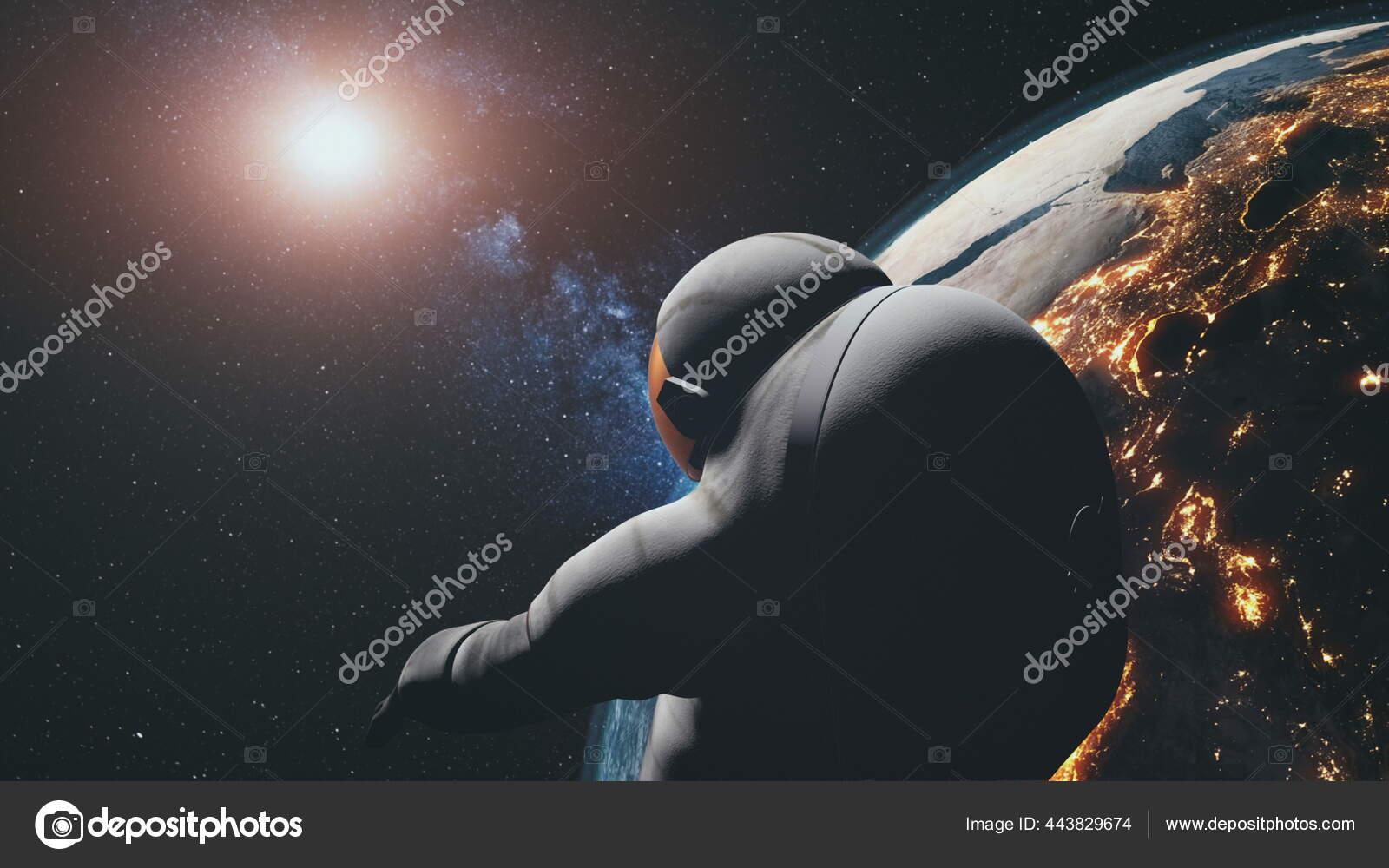 Close-up spaceman silhouette: Earth astronaut man spasial flight in ...