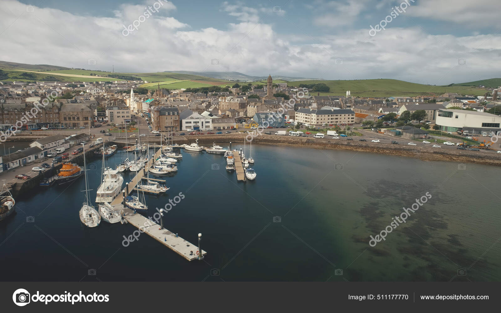 Traffic road at sea bay coast aerial. Pier town with old buildings ...