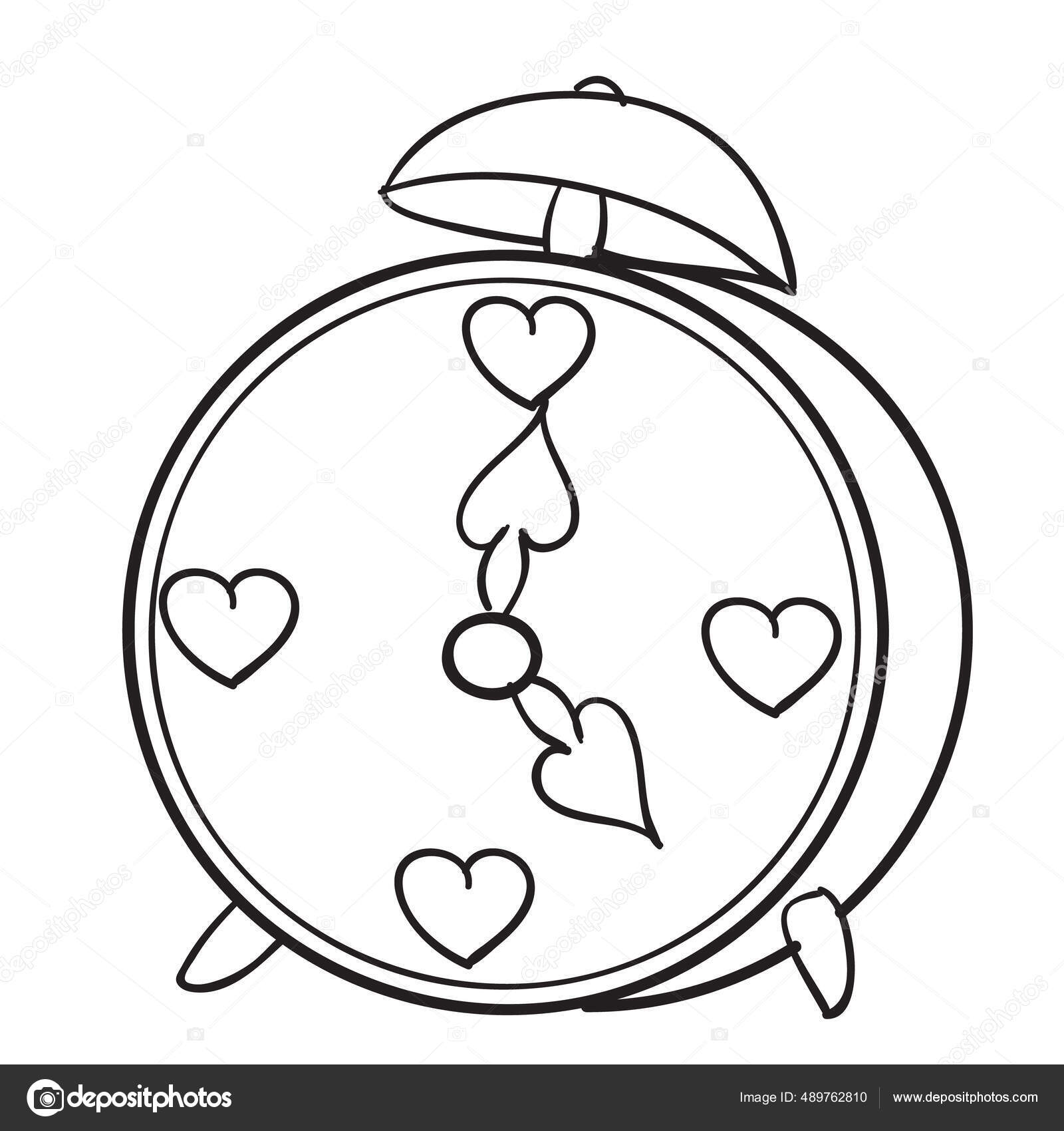 Sketch Alarm Clock Which Has Hearts Instead Numbers Coloring Book Stock ...