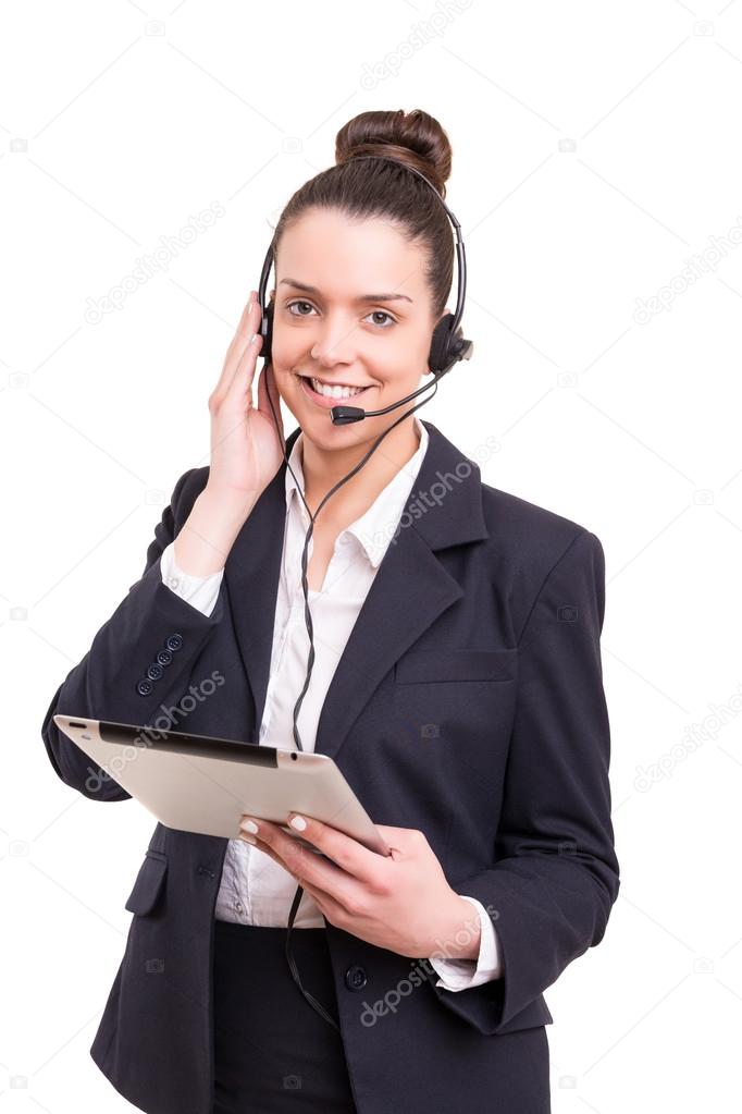 Friendly telephone operator smiling Stock Photo by ©hsfelix 106710024
