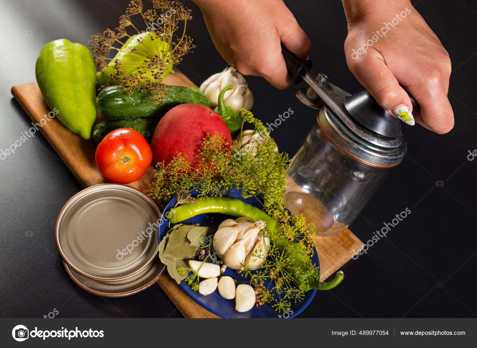 Woman Hands Doing Canning Canning Tool Different Vegetables Herbs Black ...