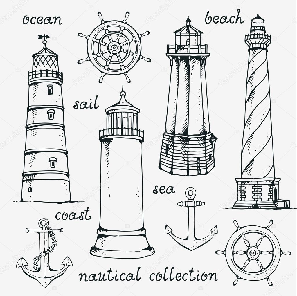 Hand drawn vintage nautical set, vector illustration Stock Vector Image ...