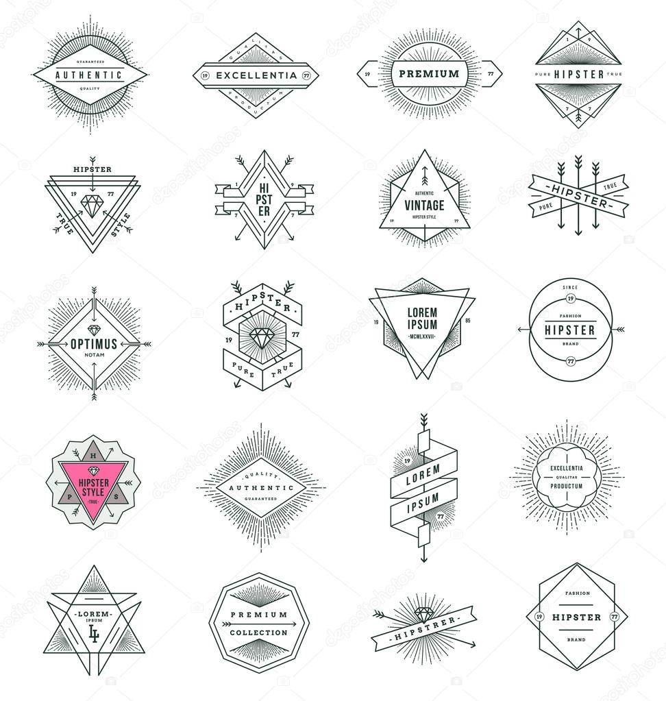 Vector set of hipster line signs and emblems with sunburst — Stock ...