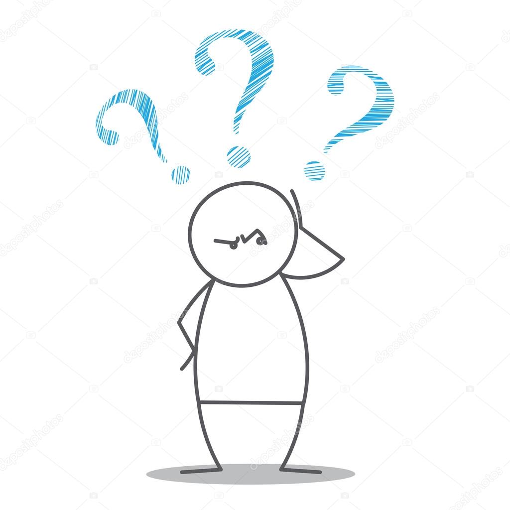 Dudas. Doodle hombre con marcas de preguntas . Vector de stock ...