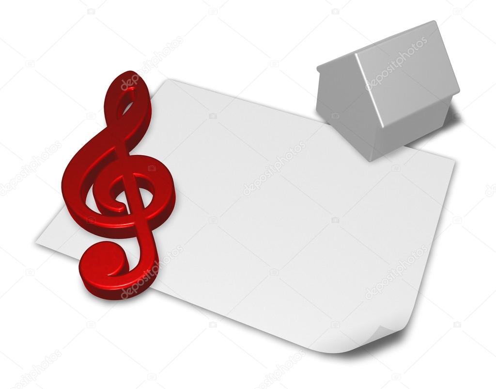 Clef symbol and house symbol on blank white paper sheet - 3d rendering ...