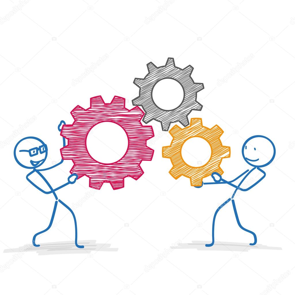Stickmen 3 engranajes de colores — Vector de stock © limbi007 #72587071