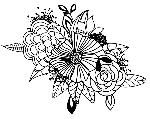 One Black Outline Flower Branch Leaves Isolated White Background Hand ...