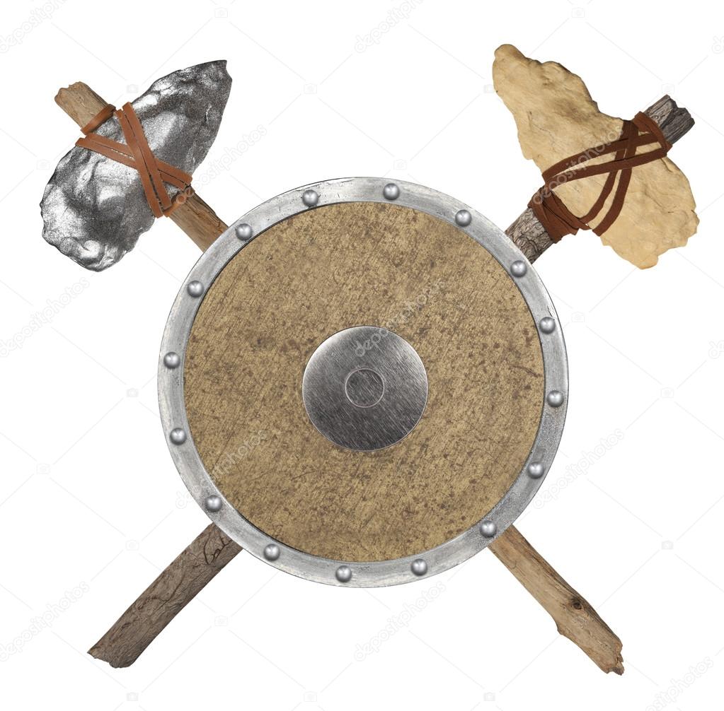 Ancient stone axe and shield isolated Stock Photo by ©andreyuu 117410614